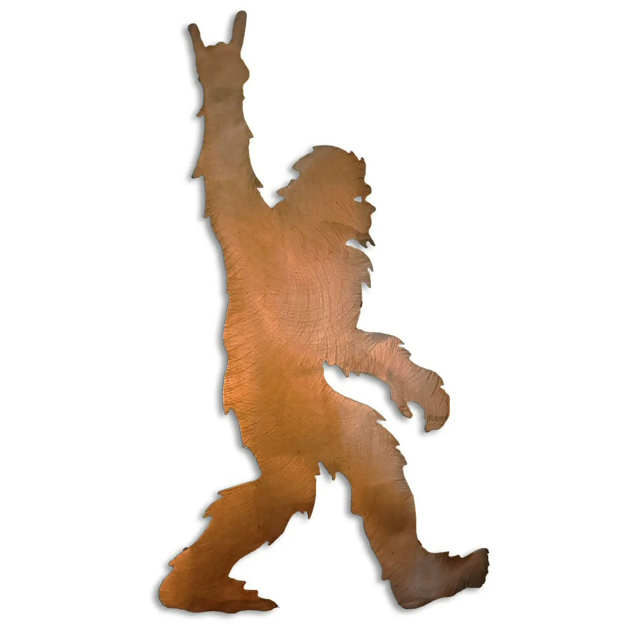 Bigfoot Sasquatch Walking Holding Up Hand Horns Sign Rust Metal Wall ...