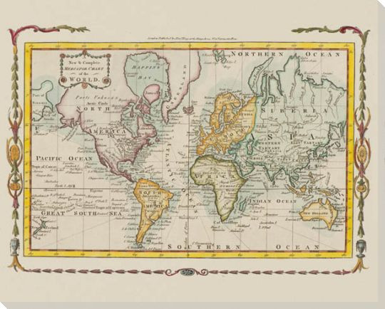 New & Complete Mercator Chart of the World Map Canvas Giclee Art Print ...