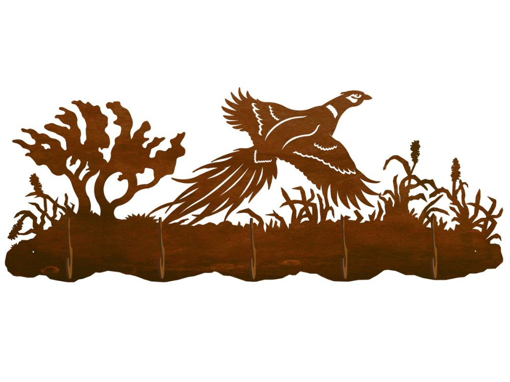 Flying Pheasant Bird Scenic Five Hook Metal Wall Coat Rack | Rustic ...