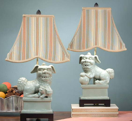 Celadon Foo Dog Lamps with Striped Shade, Set of 2 - Lighting - Dessau ...