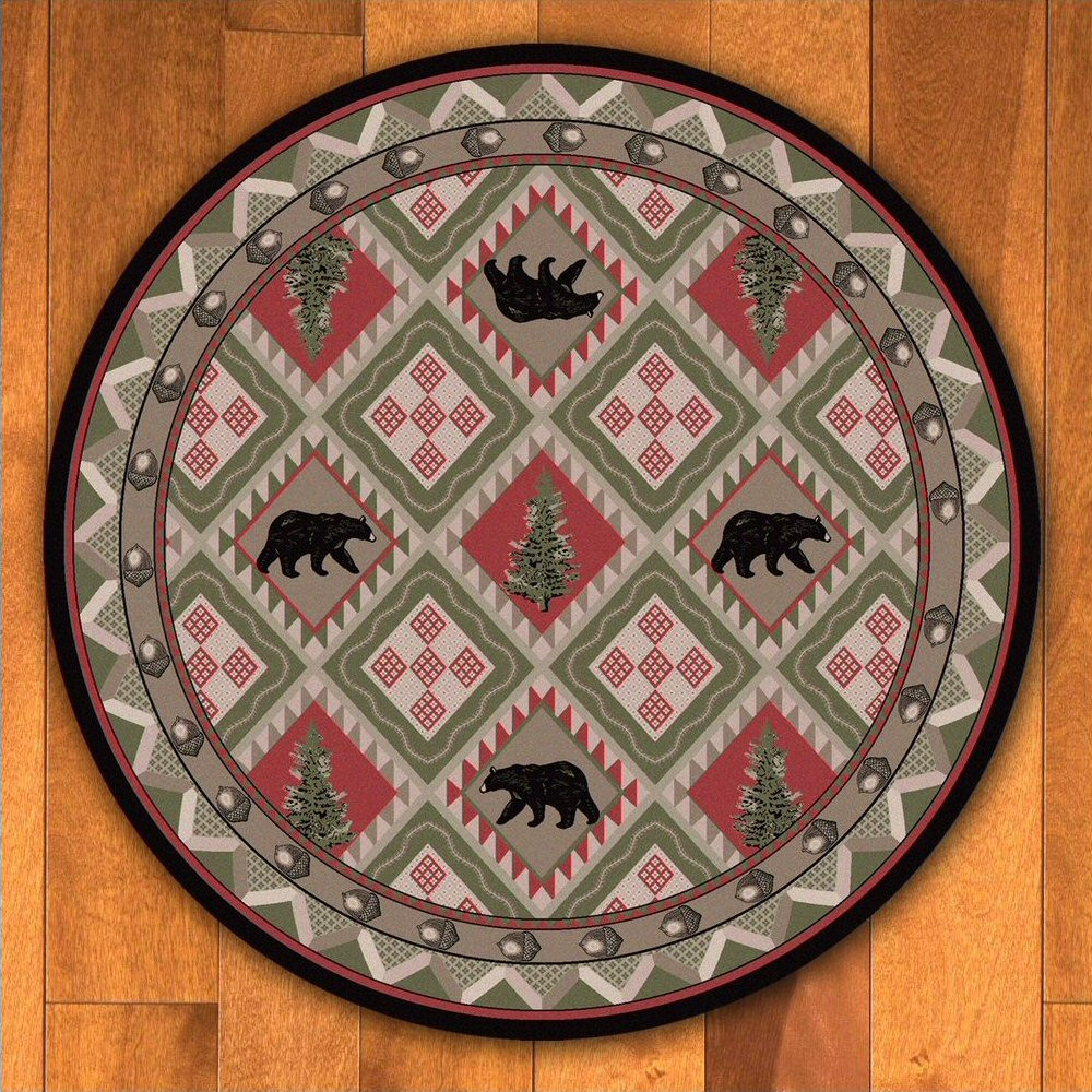 8' Quilted Forest Pine with Bears Wildlife Round Nylon Area Rug - Floor ...