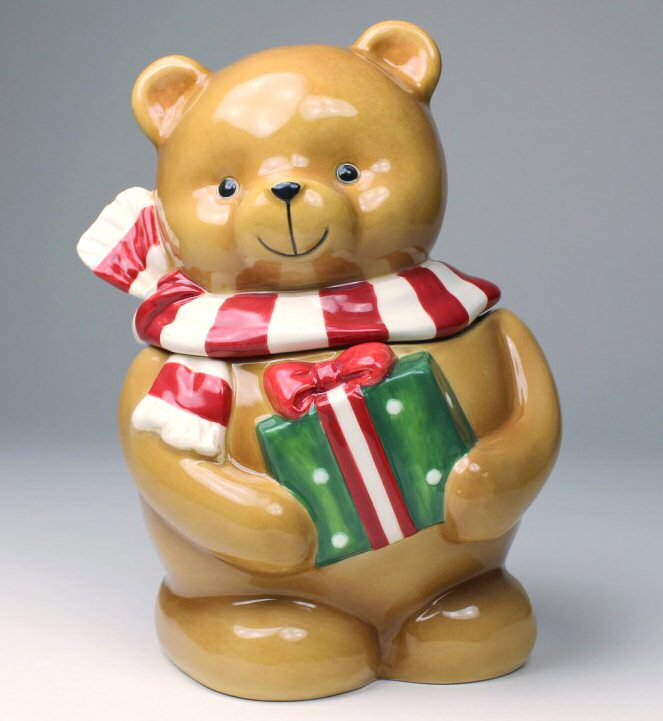 Teddy Bear Holding a Present Porcelain Candy Jar - Serveware - Cosmos