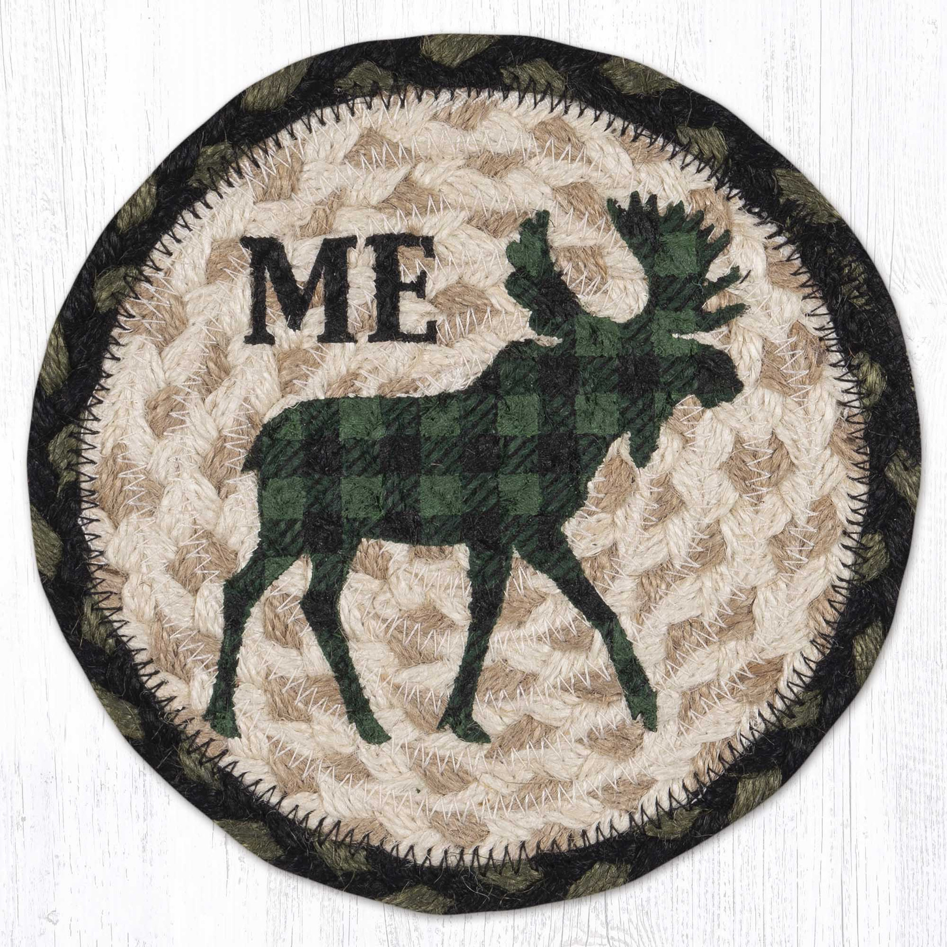 Green Plaid Moose ME Jute Coaster | Wildlife Rustic Drink Coaster