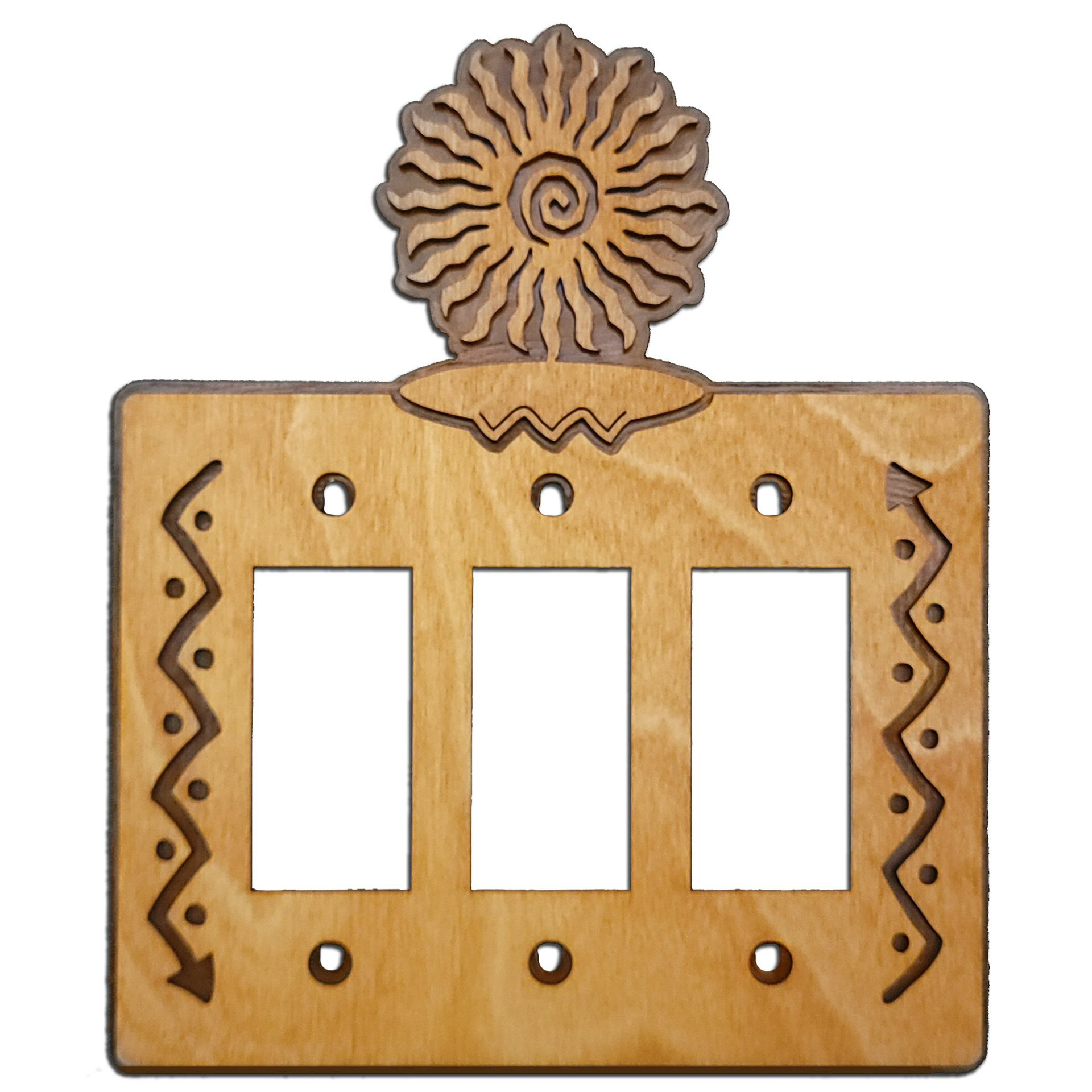 24 Point Sunburst Triple Rocker Switch Plate | Metal & Wood Cover