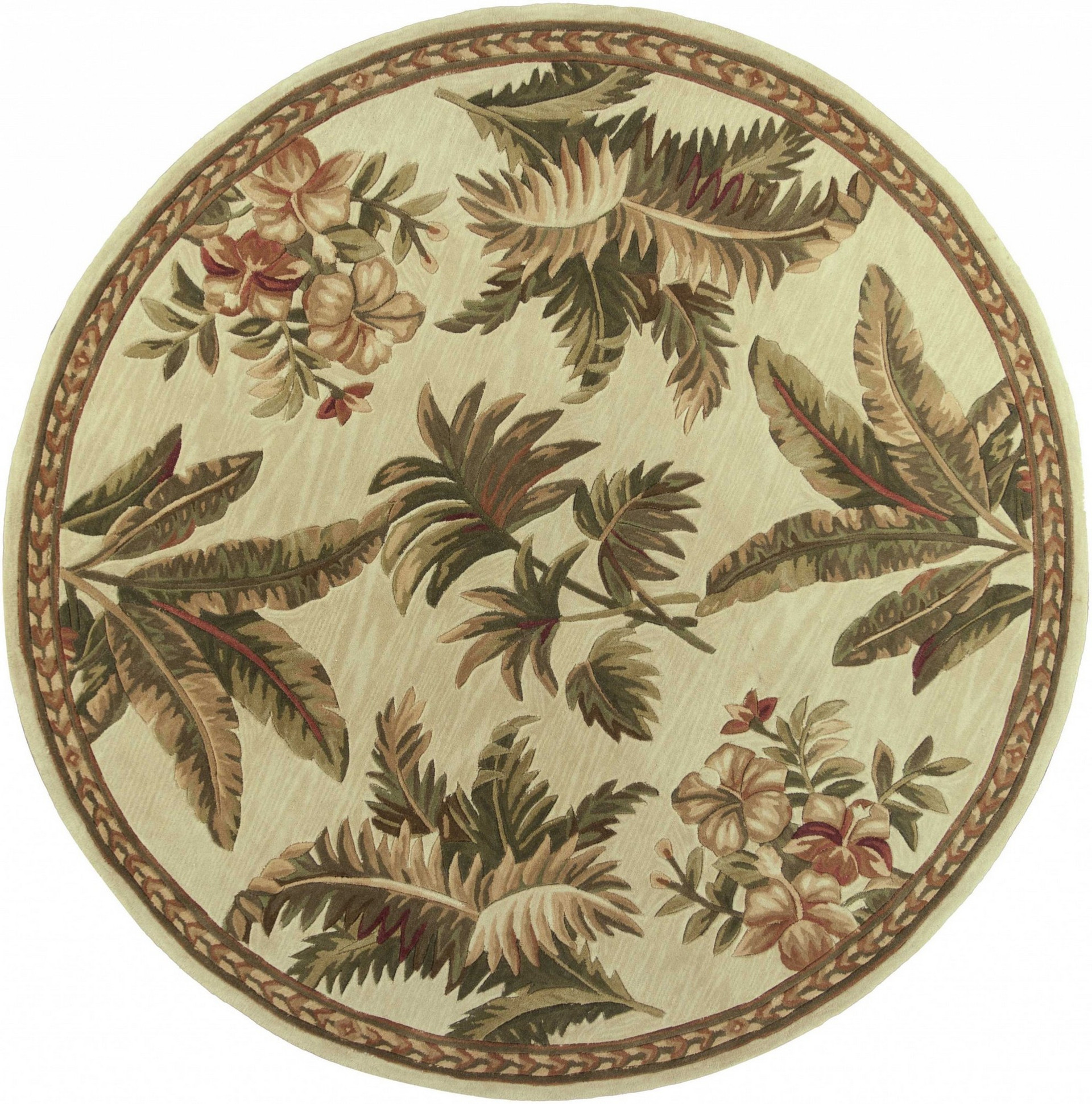 8' Ivory Hand Tufted Bordered Tropical Leaves Round Indoor Area Rug