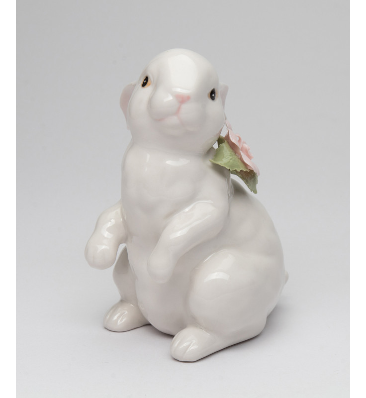 Rabbit with Pink Rose Porcelain Sculpture - Cosmos