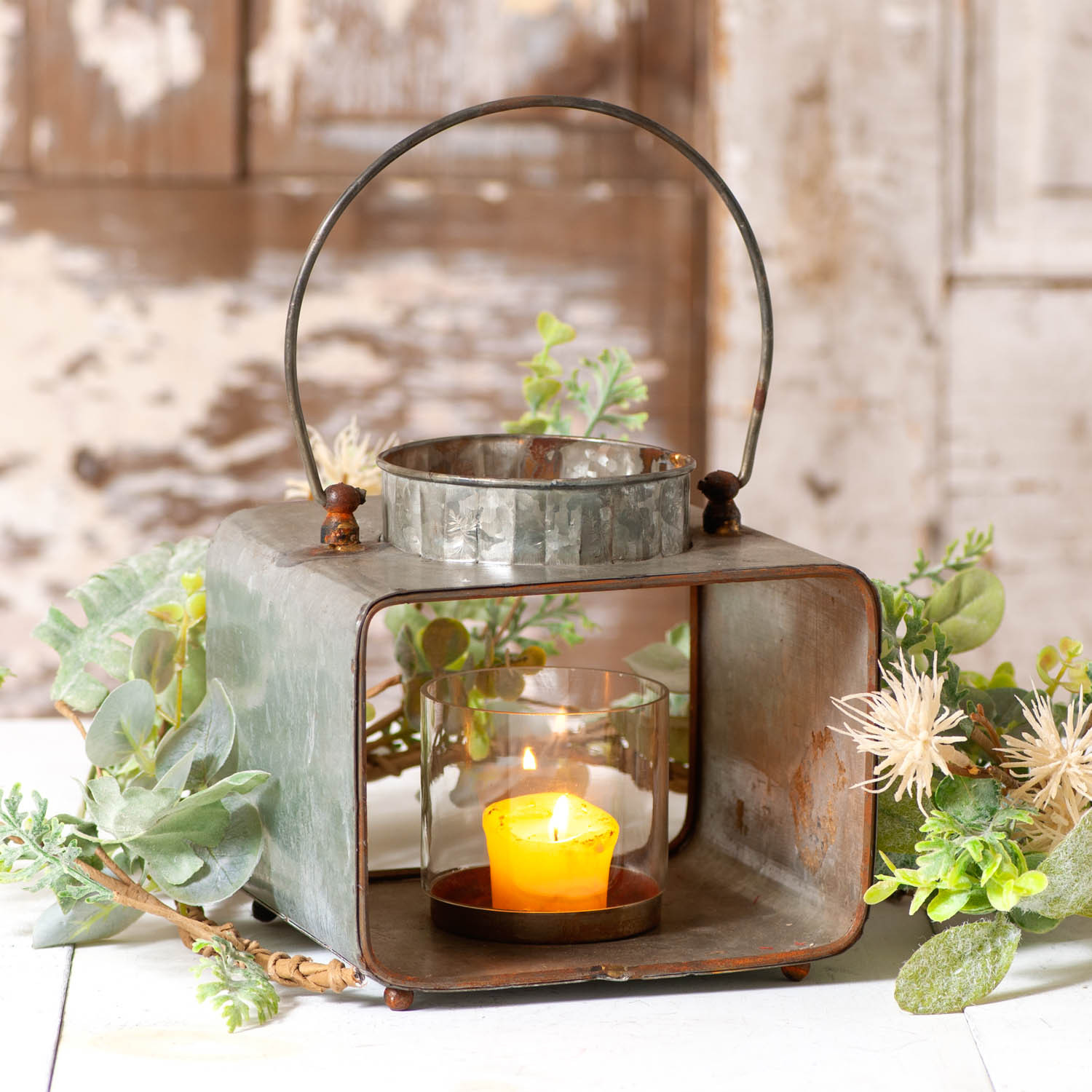Rustic Square Lantern with Glass Cylinder - Candle Holder