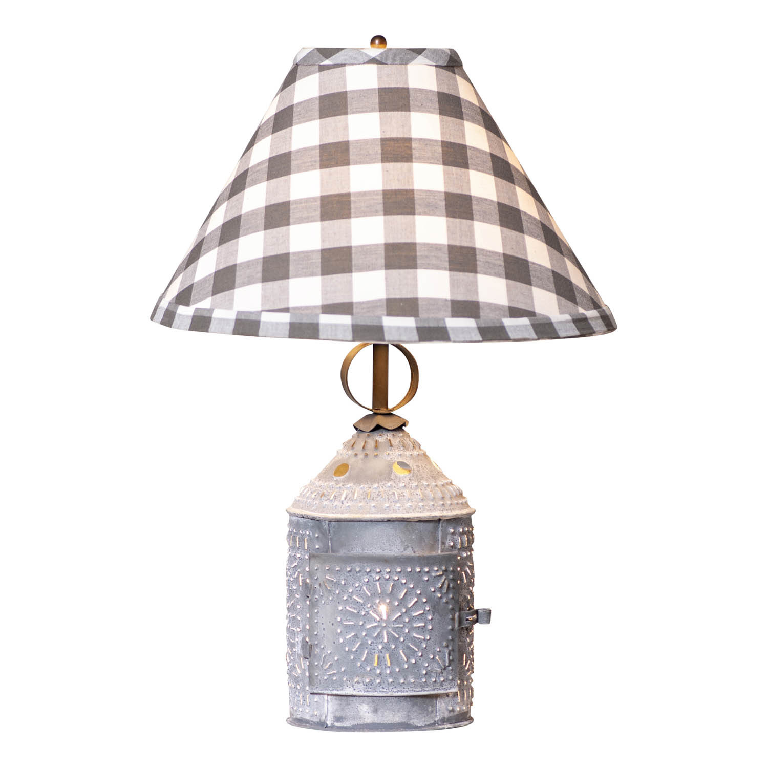 Paul Revere Lamp in Weathered Zinc with Gray Check Shade - Rustic Lighting