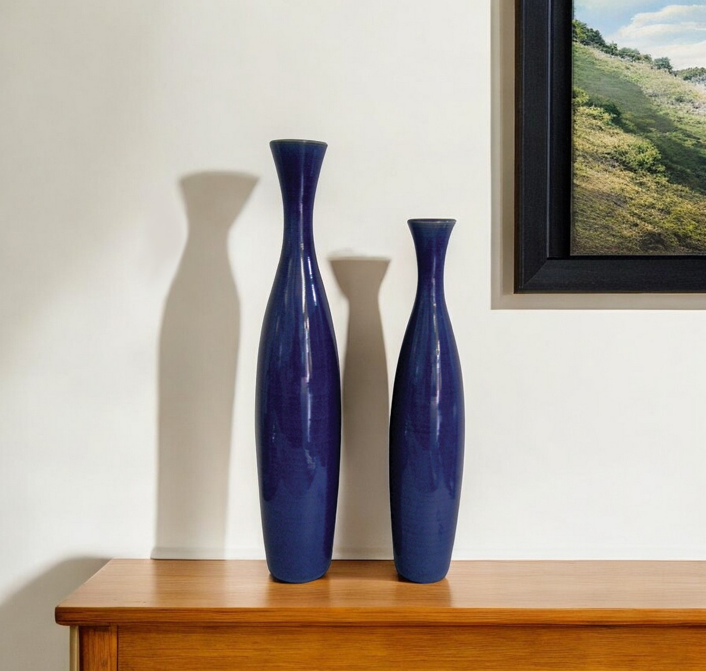 Set of 2 Deep Indigo Blue Ceramic Tall Thin Vases - Decorative Accessories