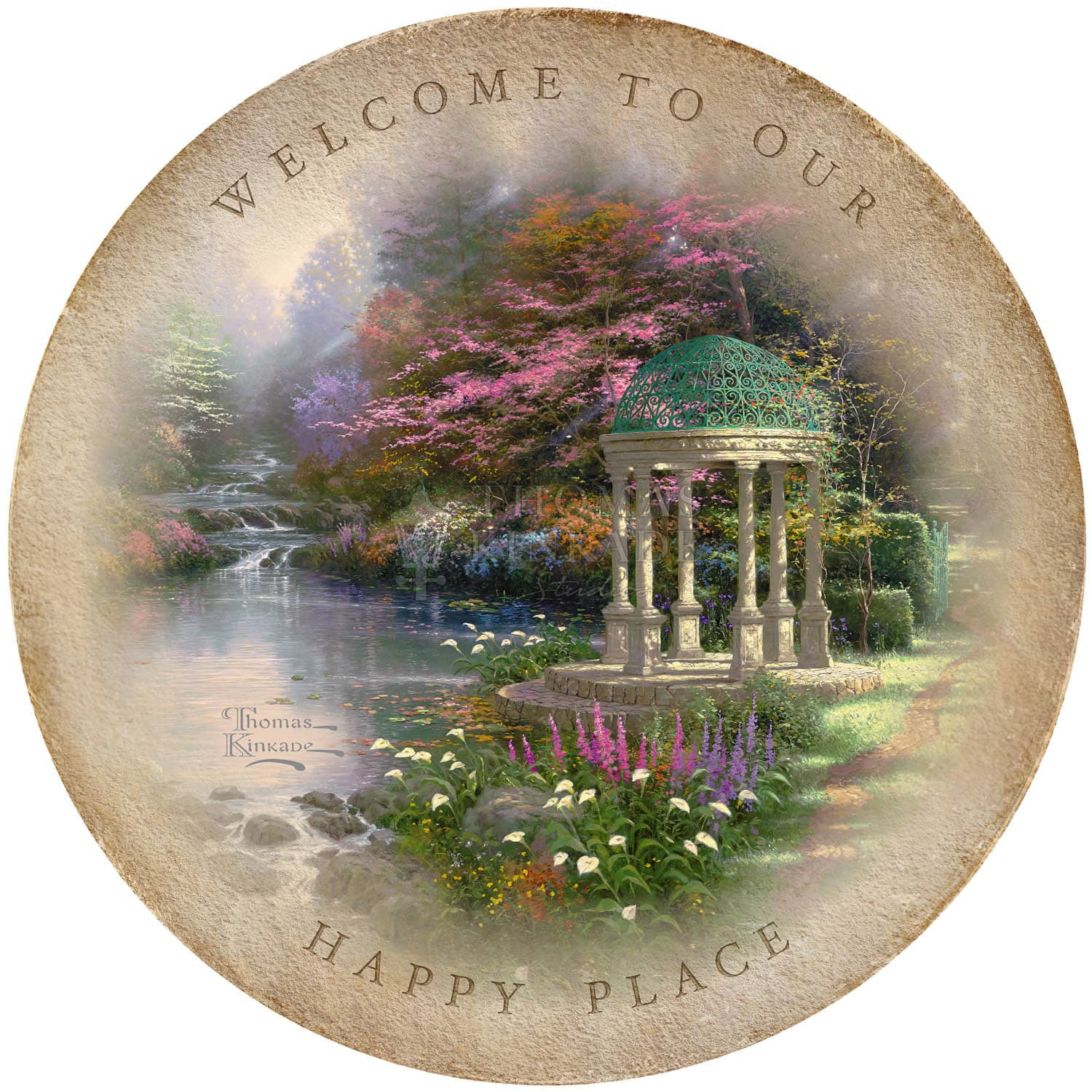 Welcome to Our Happy Place Round Wood Sign | Inspirational Decor