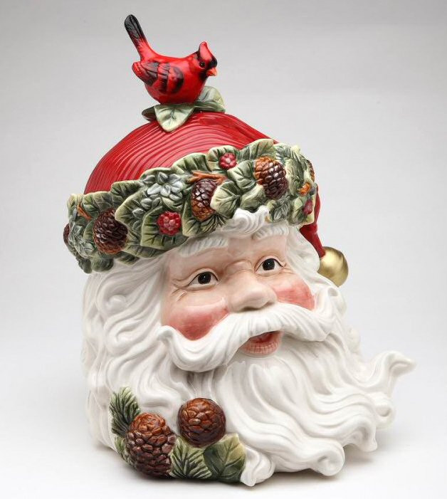Evergreen Holiday Santa Porcelain Cookie Jar with Cardinal & Pinecones ...