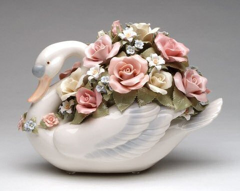 Large Swan with Roses Porcelain Musical Music Box Sculpture - Cosmos