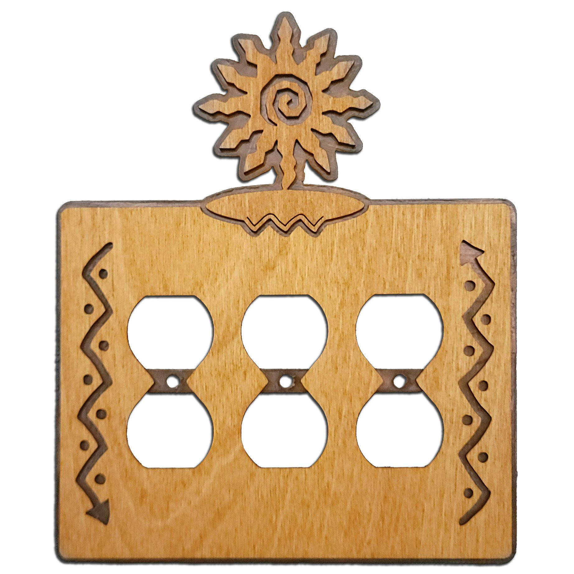 24 Point Sunburst Triple Outlet Cover | Rustic Metal & Wood Plate