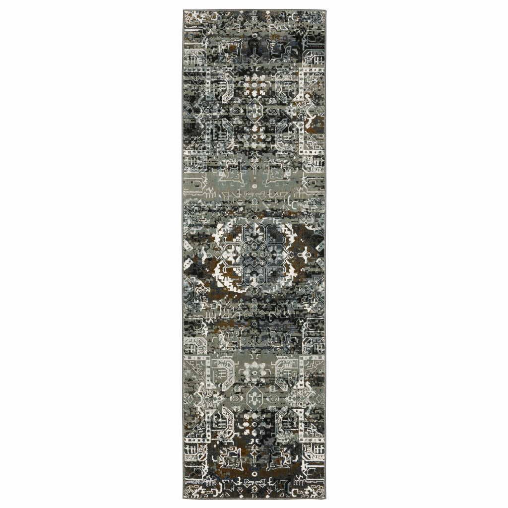 2' x 8' Ivory Charcoal Grey Blue Rust Gold & Brown Oriental Power Loom ...