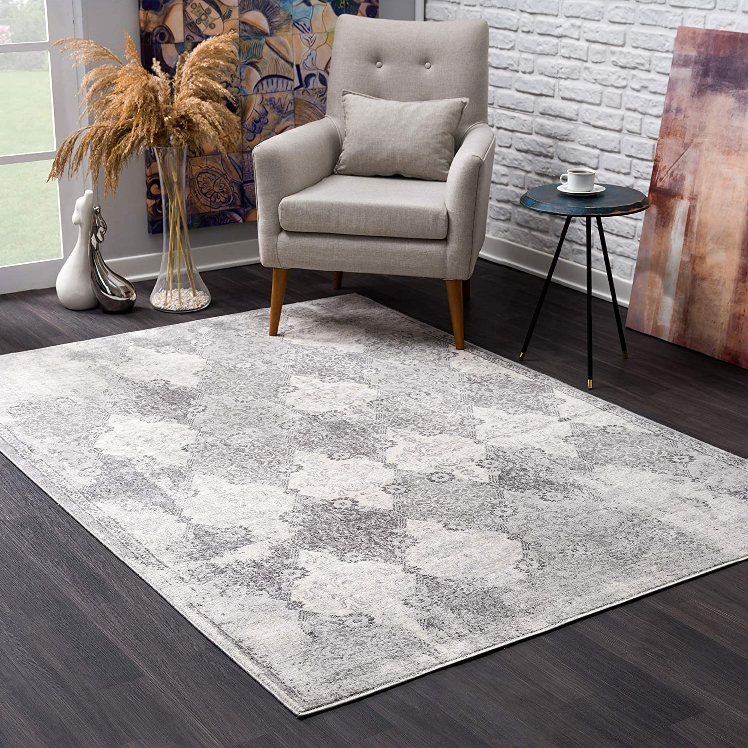 2' x 8' Gray Distressed Trellis Pattern Runner Rug