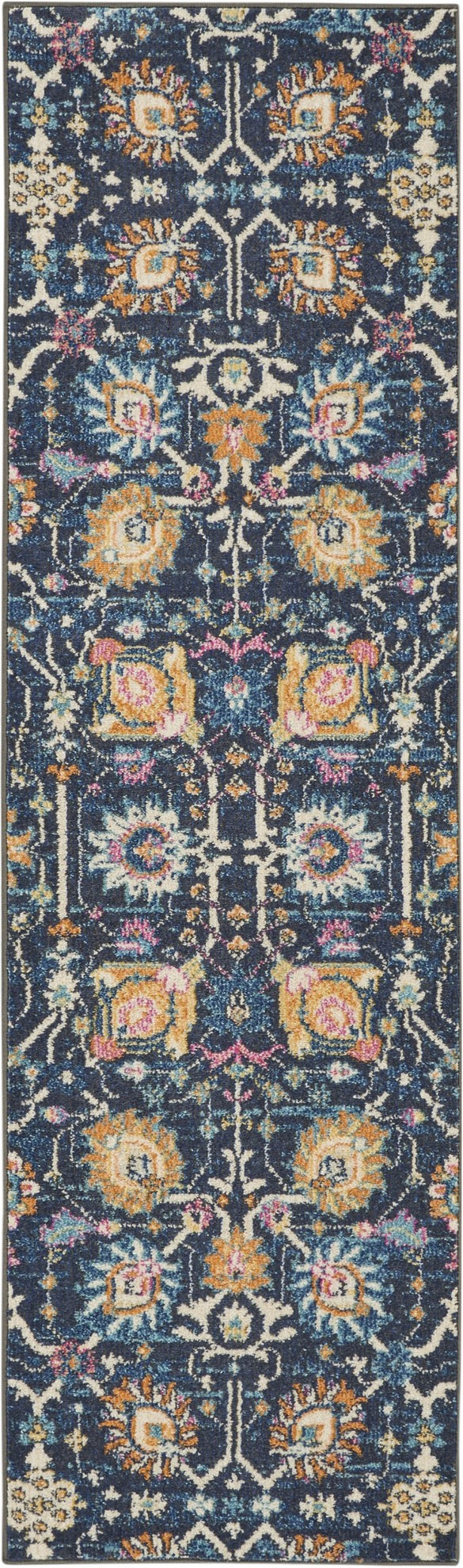 2' x 10' Navy Blue Floral Power Loom Runner Rug