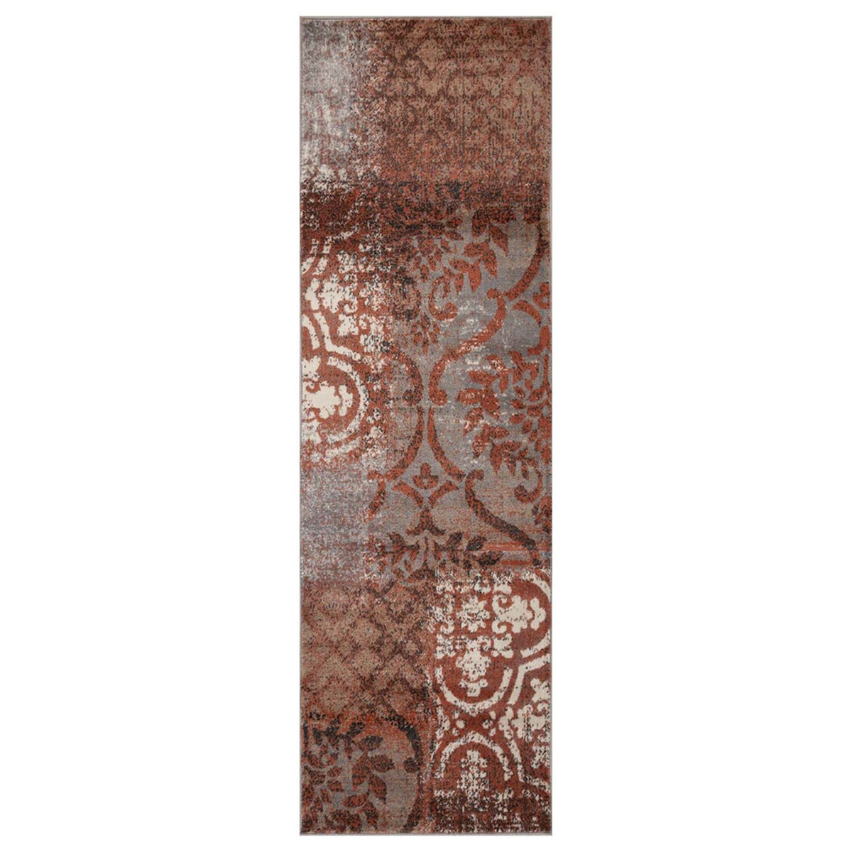 3' x 10' Rust and Gray Damask Distressed Stain Resistant Runner Rug