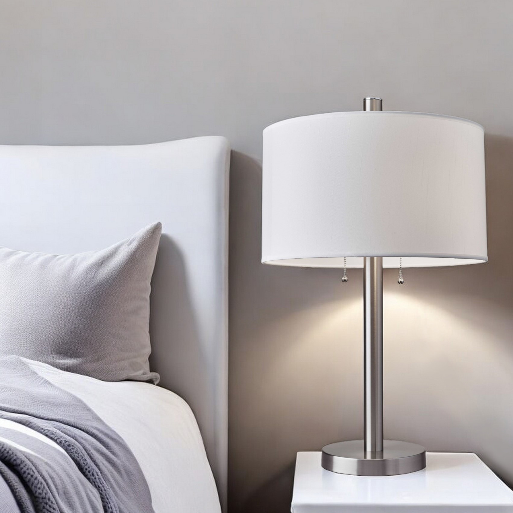 Set of Two 30" Silver Metal Two Light Bedside Table Lamps with White ...