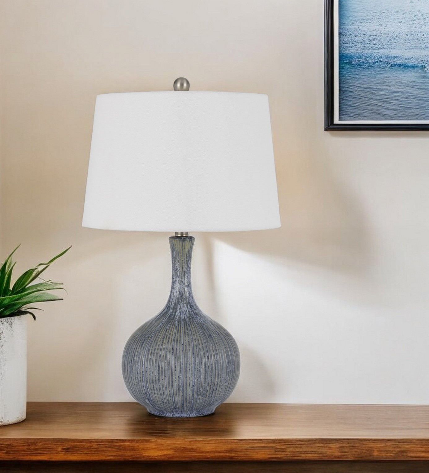 25" Stone Ceramic Round Table Lamp with White Empire Shade - Lighting
