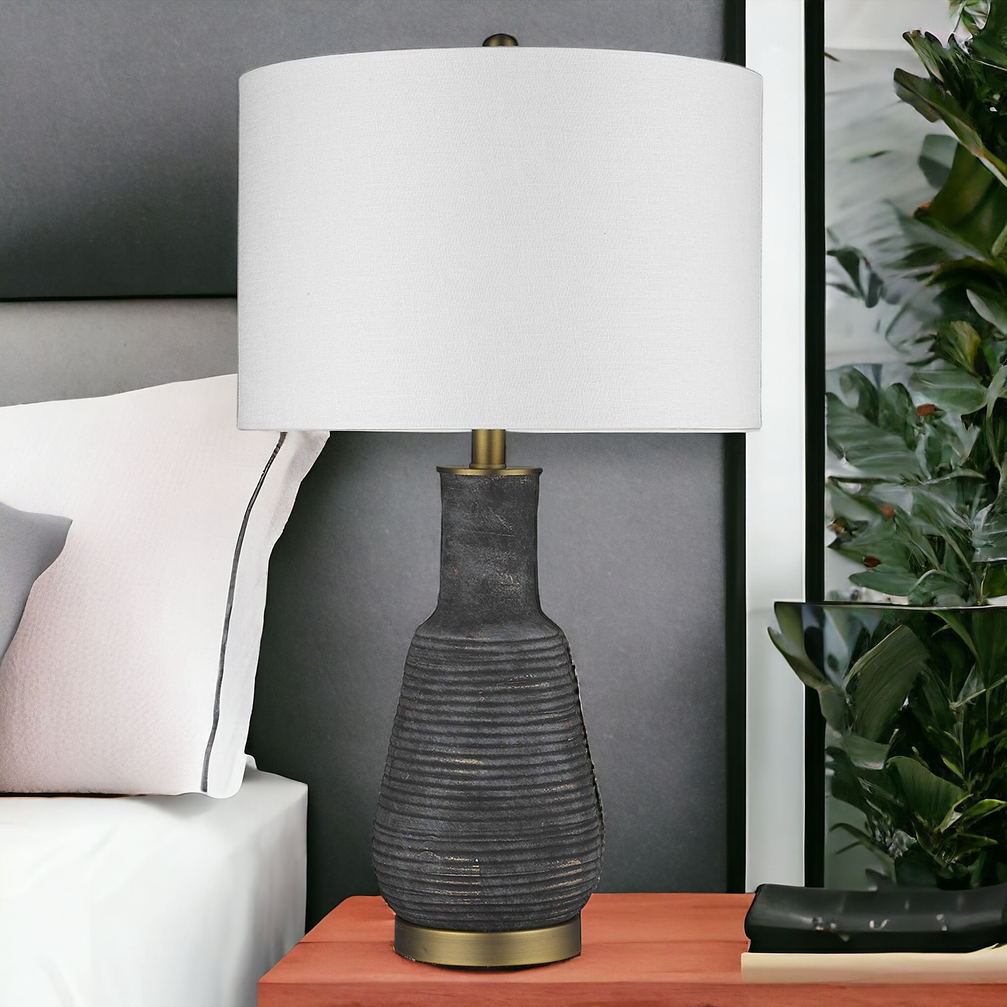 26" Distressed Black and Gold Ceramic Table Lamp with White Drum Shade ...