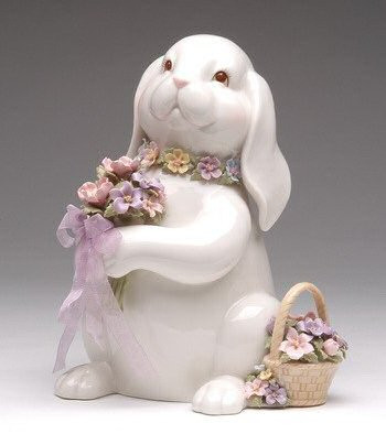 Bunny Rabbit with Flower Bouquet Musical Music Box Sculpture - Cosmos