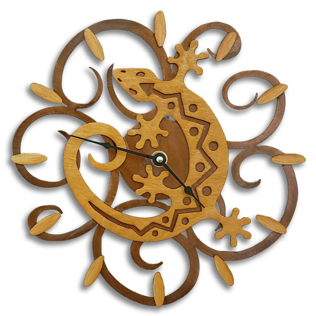Three Gecko Lizards Southwest Swirl Wood & Metal Wall Clock ...