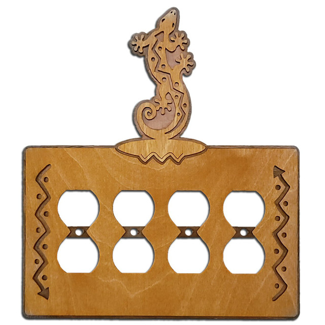 S Shaped Gecko Lizard Single Outlet Cover | Rustic Metal & Wood Plate