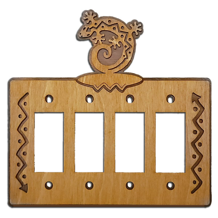 C Shaped Gecko Lizard Quad Rocker Switch Plate | Rustic Metal & Wood