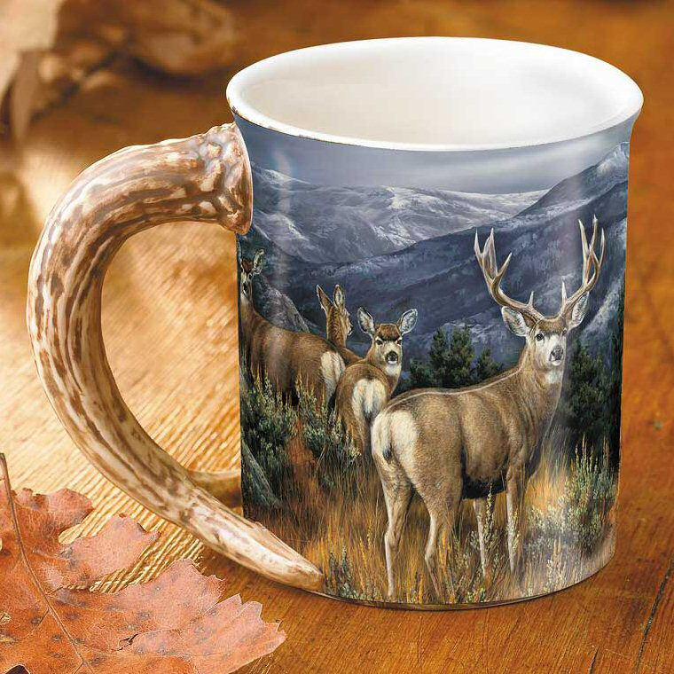 Rustic Retreat Whitetail Deer Sculpted Stoneware Coffee Mugs, Set of 6 ...