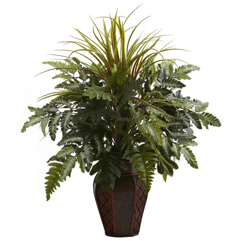Mixed Grass & Fern Silk Plant with Decorative Planter - Artificial ...