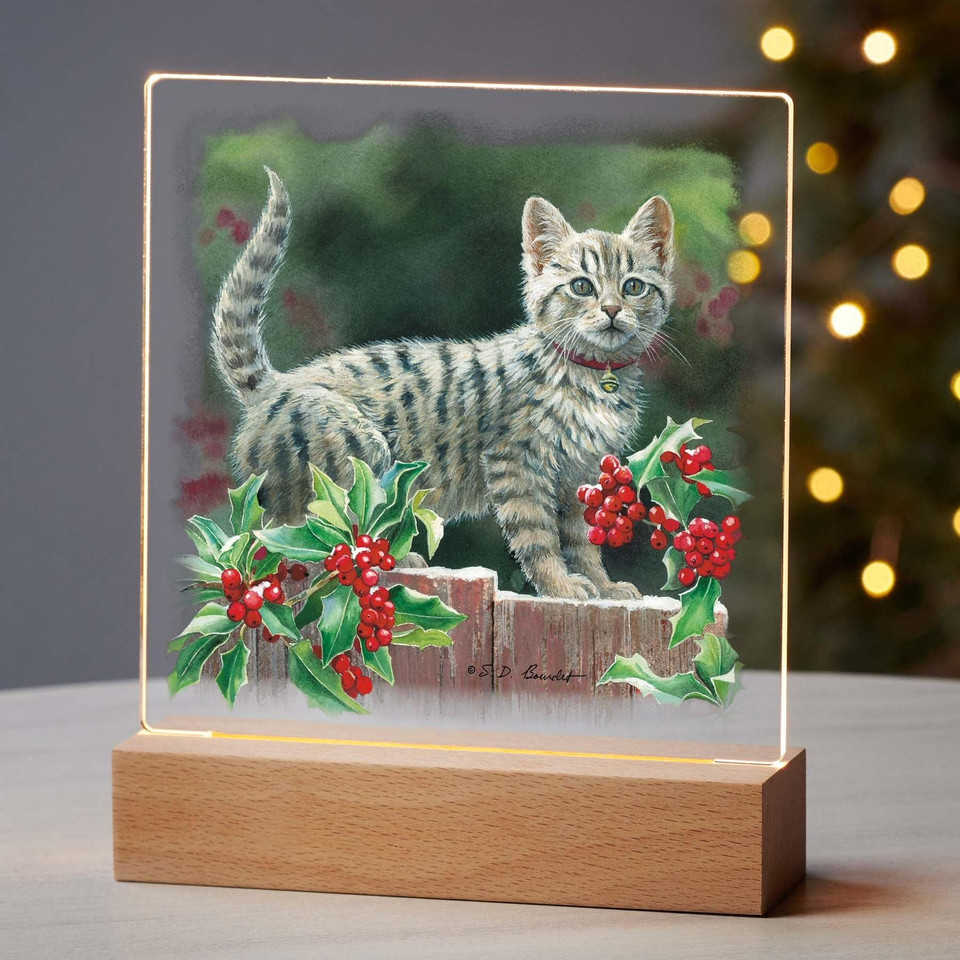 7.25" Kitten & Holly Berries Acrylic LED Lighted Night Light - Lighting