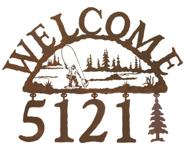 Man Fly Fishing Metal Address Welcome Sign | Rustic Cabin Entry Decor