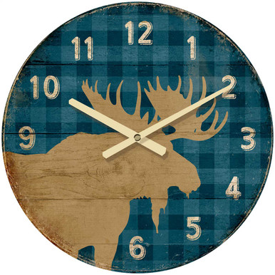 21" Moose on Blue Plaid Round Wood Wall Clock - Wall Decor - Wild Wings