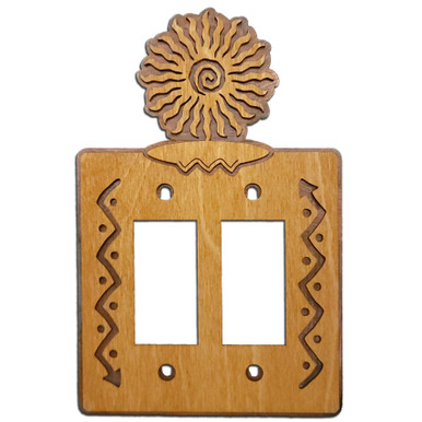 24 Point Sunburst Double Rocker Switch Plate | Metal & Wood Cover