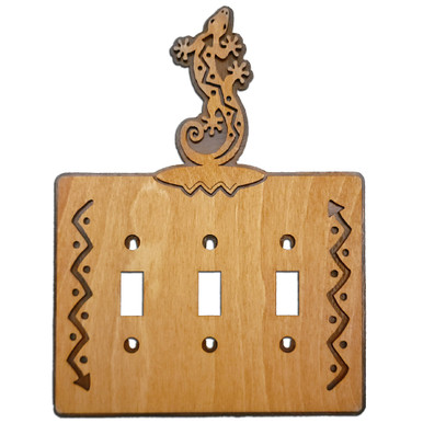 S Shaped Gecko Lizard Triple Toggle Switch Plate | Rustic Metal & Wood