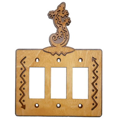 S Shaped Gecko Lizard Triple Rocker Switch Plate | Rustic Metal & Wood