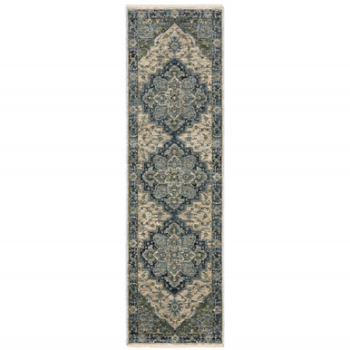 2' x 8' Blue and Beige Oriental Power Loom Runner Rug with Fringe