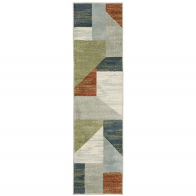 2' x 8' Grey Teal Blue Rust Green and Ivory Geometric Power Loom Runner Rug