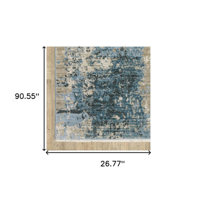 2' x 8' Blue Grey Ivory Light Blue and Dark Blue Abstract Power Loom ...