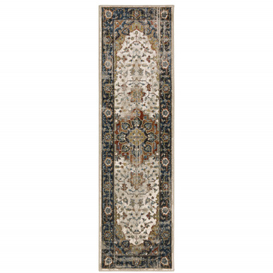2' x 8' Beige Blue Green Rust and Grey Oriental Power Loom Stain ...