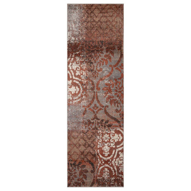 3' x 10' Rust and Gray Damask Distressed Stain Resistant Runner Rug