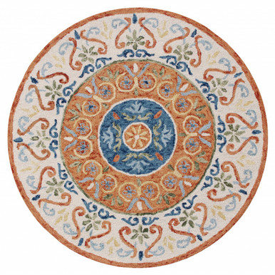 4' Round Orange Traditional Medallion Area Rug