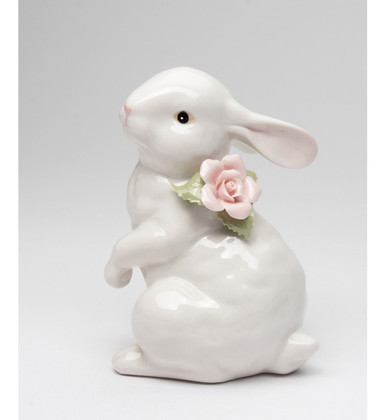 Rabbit with Pink Rose Porcelain Sculpture - Cosmos