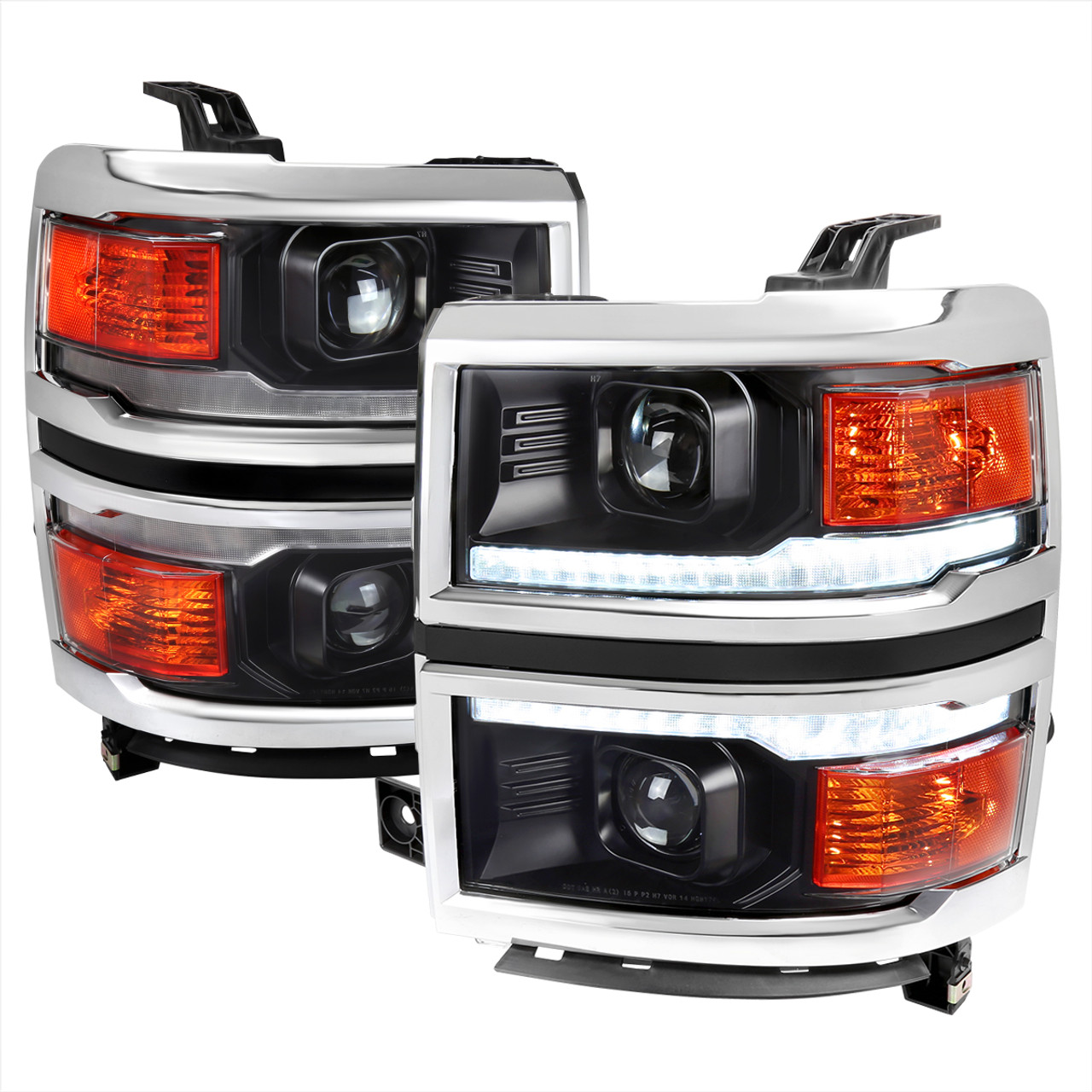 2014 2015 Chevrolet Silverado 1500 Switchback Sequential LED Bar Projector Headlights Matte Black Housing Clear Lens Chrome Trim Bulken Off Road