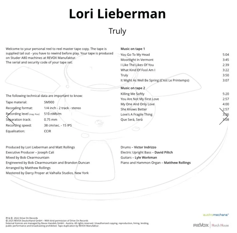 Lori Lieberman : Truly Metal Reel 1/4" 38cm/s (15ips) Tape Studio Master