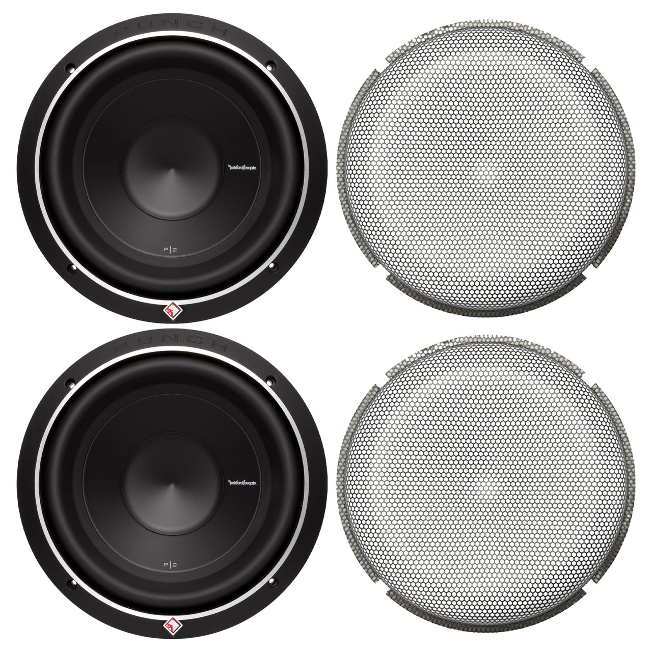 Rockford Fosgate 2 P2D2-10 10” 600 Watt DVC Subwoofers and 2 P2P3G-10 10” Stamped Mesh Grille ...