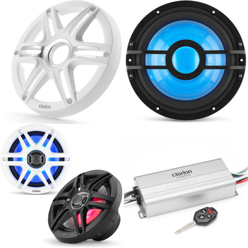 Clarion Marine 4 Channel Amp & 6.5" w/ 10" White Grill Boat Audio Upgrade Bundle - Creative Audio