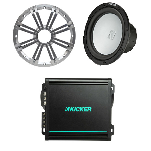 Kicker 10 Inch Marine Subwoofer (Silver) 800 Watt Amplifier Bundle ...