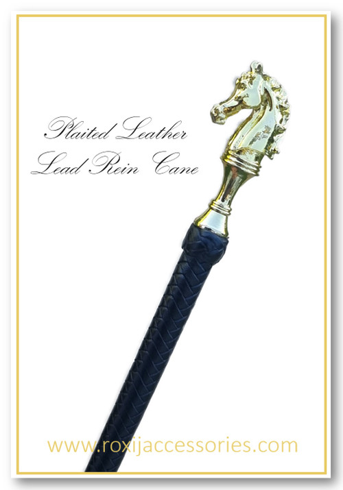 Lead Rein/ First Ridden Cane -Black Plaited Leather with Gold Horsehead ...