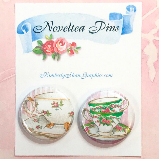 Tea Pins and Magnets, 1" diameter teacups, tea pots, tea infuser, birds ...